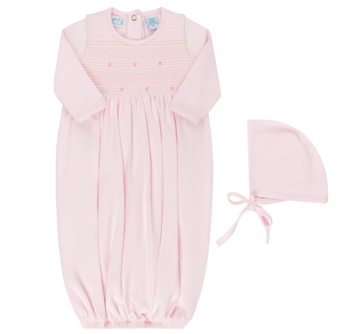 Baby Smocked Bullion Gown With Hat Pink – Bead Shack Kids Boutique