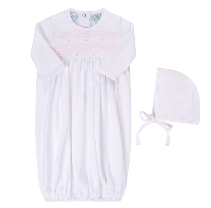 Baby Smocked Bullion Gown With Hat White/Pink – Bead Shack Kids Boutique
